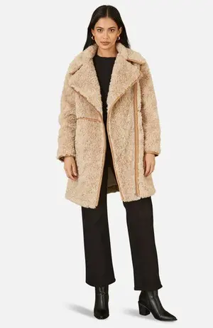 YUMI Textured Borg Long Line Biker Coat