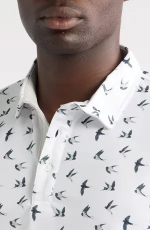 SWANNIES Peak Bird Print Performance Golf Polo - White