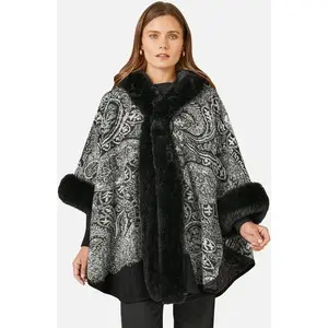 YUMI Paisley Print Faux Fur Trim Cape
