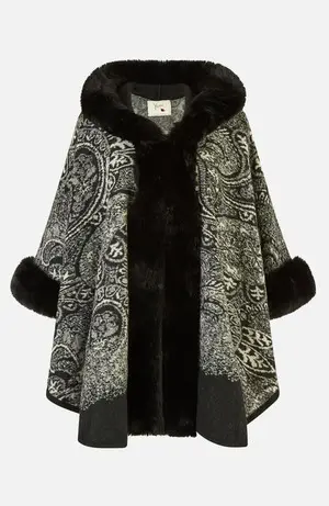YUMI Paisley Print Faux Fur Trim Cape
