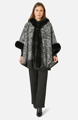YUMI Paisley Print Faux Fur Trim Cape