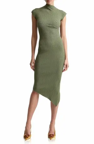 Avec Les Filles Radial Rib Asymmetric Hem Midi Dress
