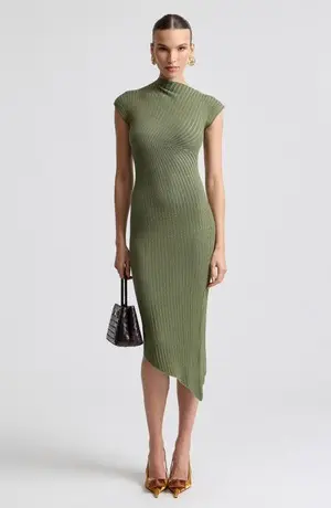 Avec Les Filles Radial Rib Asymmetric Hem Midi Dress