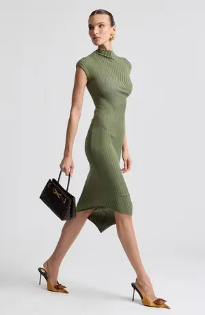 Avec Les Filles Radial Rib Asymmetric Hem Midi Dress