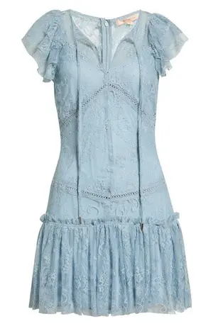 KITTENISH Flutter Sleeve Drop Waist Lace Minidress - Blue Fog