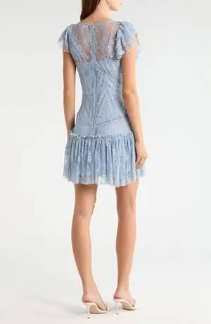 KITTENISH Flutter Sleeve Lace Minidress - Blue Fog