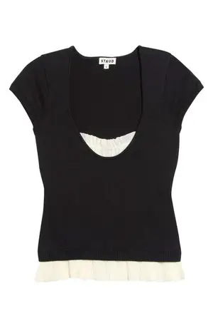 Staud Marin Chiffon Trim Short Sleeve Sweater