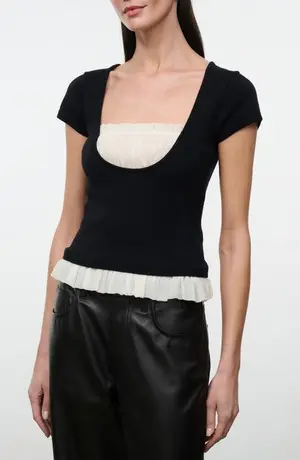 Staud Marin Chiffon Trim Short Sleeve Sweater - Black/ivory