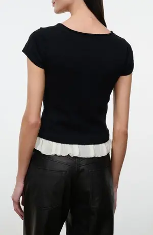 Staud Marin Chiffon Trim Short Sleeve Sweater