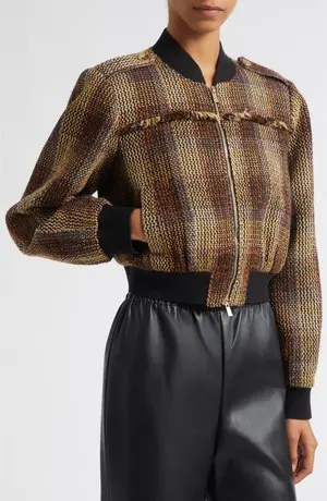 TOCCIN Pierce Fringe Detail Tweed Bomber Jacket