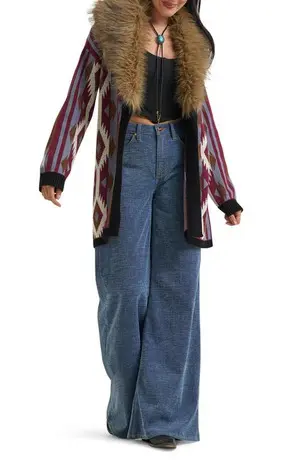 Wrangler Faux Fur Collar Cardigan With Geometric Print