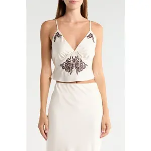 KITTENISH Embroidered Cropped Satin Camisole - Egret
