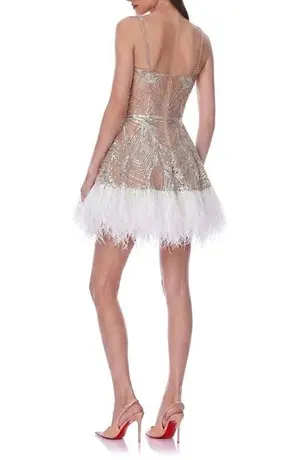 BRONX BANCO Mademoiselle Bead & Feather Cocktail Minidress