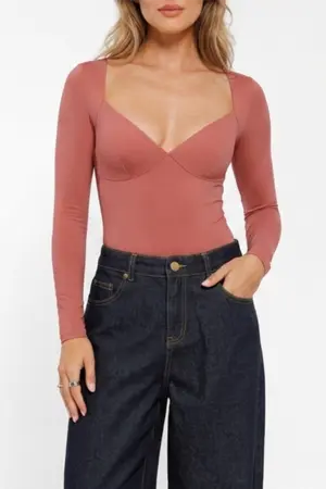 POPILUSH Shapewear Long Sleeve Tummy Control V Neck Bodysuit - Blush