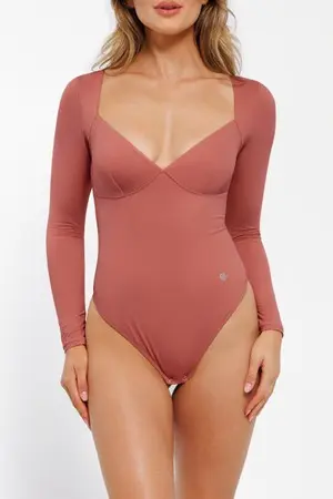 POPILUSH Shapewear Long Sleeve Tummy Control V Neck Bodysuit - Blush
