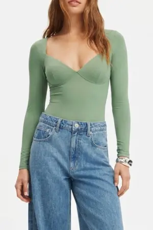 POPILUSH Shapewear Long Sleeve Tummy Control V Neck Bodysuit Forest