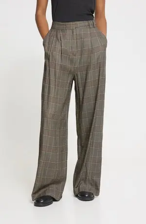 ICHI Ihlaito High Waist Wide Leg Plaid Trousers - Black/toasted Check