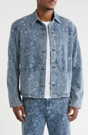 HONOR THE GIFT Floral Embroidery Denim Jacket - Light Indigo