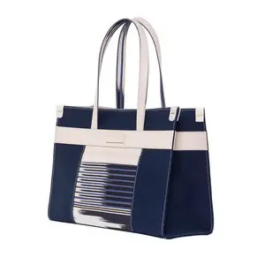 K'AI & VROSI Leather & Canvas Tote Bag With Pockets - Navy