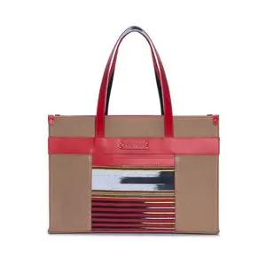 K'AI & VROSI Leather & Canvas Tote Bag With Pockets - Red