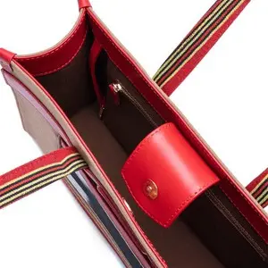 K'AI & VROSI Leather & Canvas Tote Bag With Pockets - Red