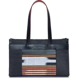 K'AI & VROSI Midi Leather & Canvas Tote Bag With Pockets Black