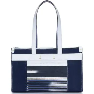 K'AI & VROSI Midi Leather & Canvas Tote Bag With Pockets Navy