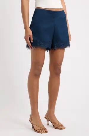 WAYF Elaine Lace Trim Matte Satin Shorts - Navy