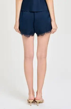 WAYF Elaine Lace Trim Matte Satin Shorts - Navy