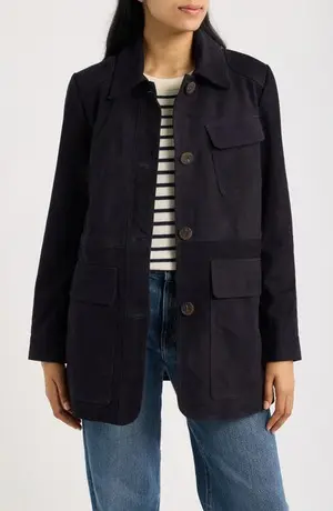 Bernardo Cinched Waist Leather Suede Jacket Navy