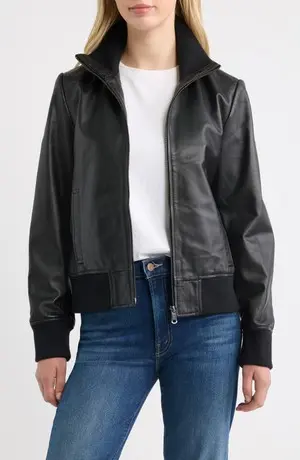 Bernardo Knit Collar Leather Jacket