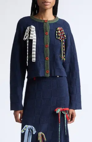 YANYAN Multicolored Bow Lambswool & Cotton Cardigan - Navy