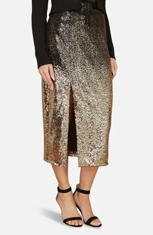 YUMI Sequin Split Fitted Midi Skirt - Black