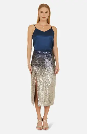 YUMI Sequin Split Fitted Midi Skirt Navy