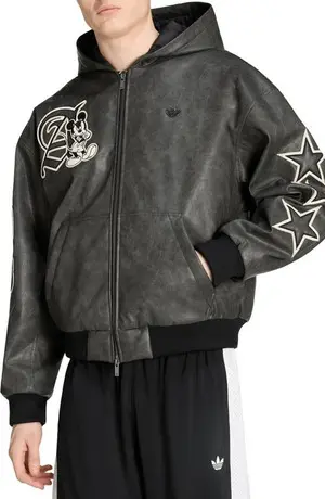 Adidas Disney Faux Leather Hooded Jacket - Black