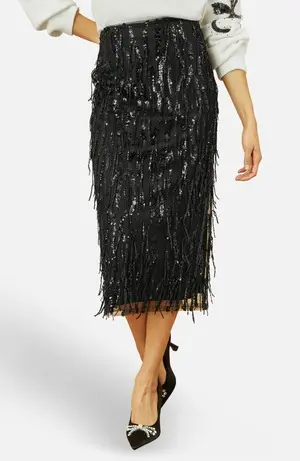YUMI Hanging Sequin Fitted Midi Skirt - Black