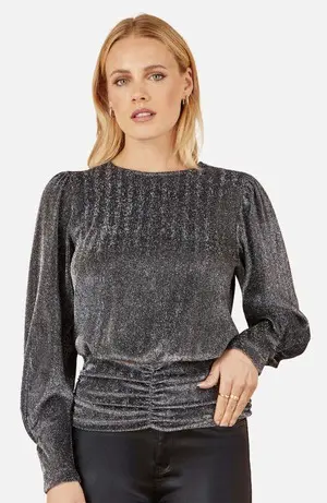 YUMI Metallic Stretch Ruched Hem Top - Black