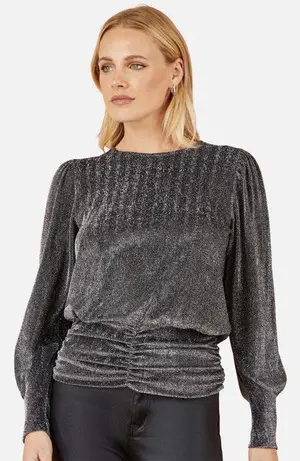 YUMI Metallic Stretch Ruched Hem Top