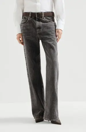 Brunello Cucinelli Authentic Denim Contemporary Loose Trousers With Monili - Dark Grey