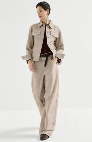 Brunello Cucinelli Beige Lamé Denim Baggy Trousers With Monili - Rope