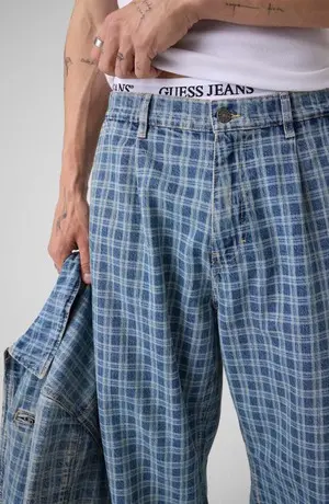 Guess Laser Plaid Pleated Super Baggy Jeans