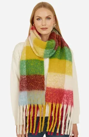 YUMI Oversize Checked Soft Tassel Scarf - Multi