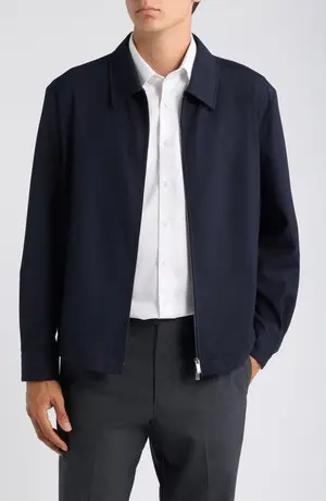 BOSS Virgin Wool Zip Jacket With Spread Collar - Dark Blue