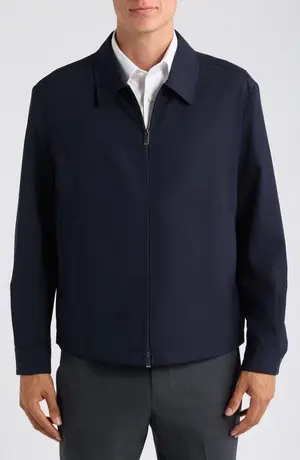 BOSS Virgin Wool Zip Jacket With Spread Collar - Dark Blue