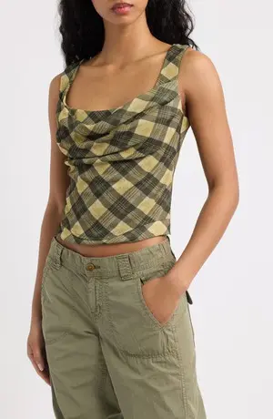 BDG URBAN OUTFITTERS Paisley Print Cowl Neck Corset Tank - Green Check