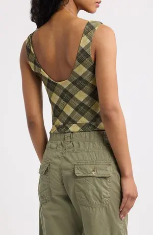 BDG URBAN OUTFITTERS Paisley Print Cowl Neck Corset Tank - Green Check