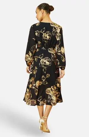 YUMI Foil Rose Print Midi Dress