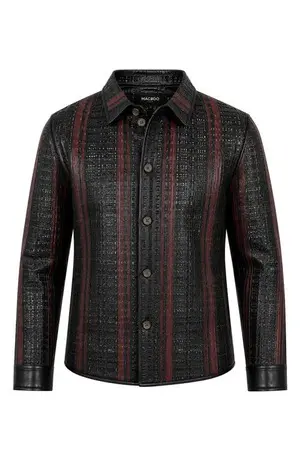 MACEOO Leather Basket Weave Jacket With Vertical Stripes