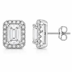 DONATELLO GIAN Sterling Emerald Cut Halo Stud Earrings - Silver