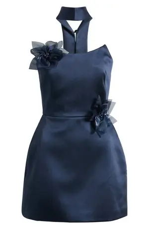 NADINE MERABI Sloane Floral Appliqué Detail Cocktail Minidress - Navy